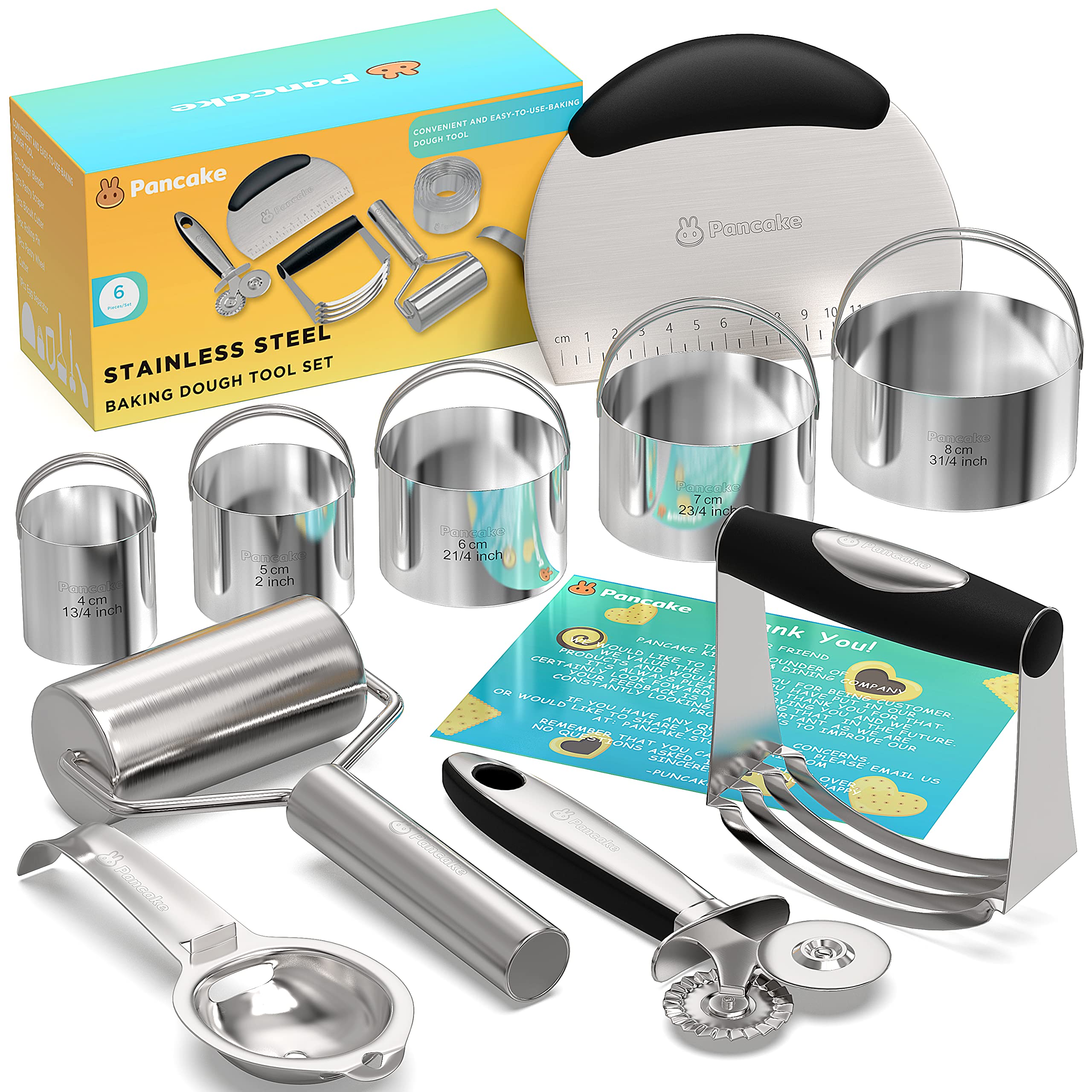 Moptrek l Biscuit Cutter Set (6 Pcs) Stainless Steel Pastry Cutter + Rolling Pin + Pastry Wheel Cutter + Pastry Blender + Egg Separator + Biscuit Molds