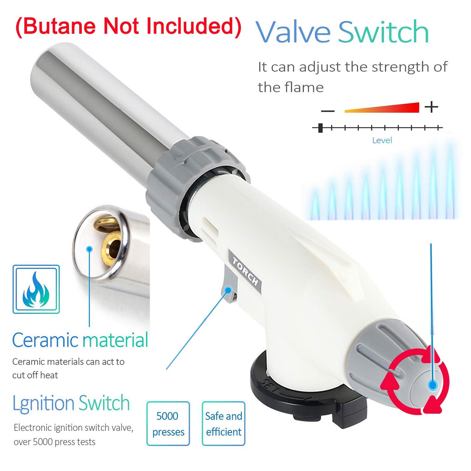 Butane Torch Kitchen Blow Torch - Chef Cooking Torch Lighter Adjustable Flame With Safety Lock Culinary Torch For Creme Brulee, Baking, BBQ Butane Gas Not Included