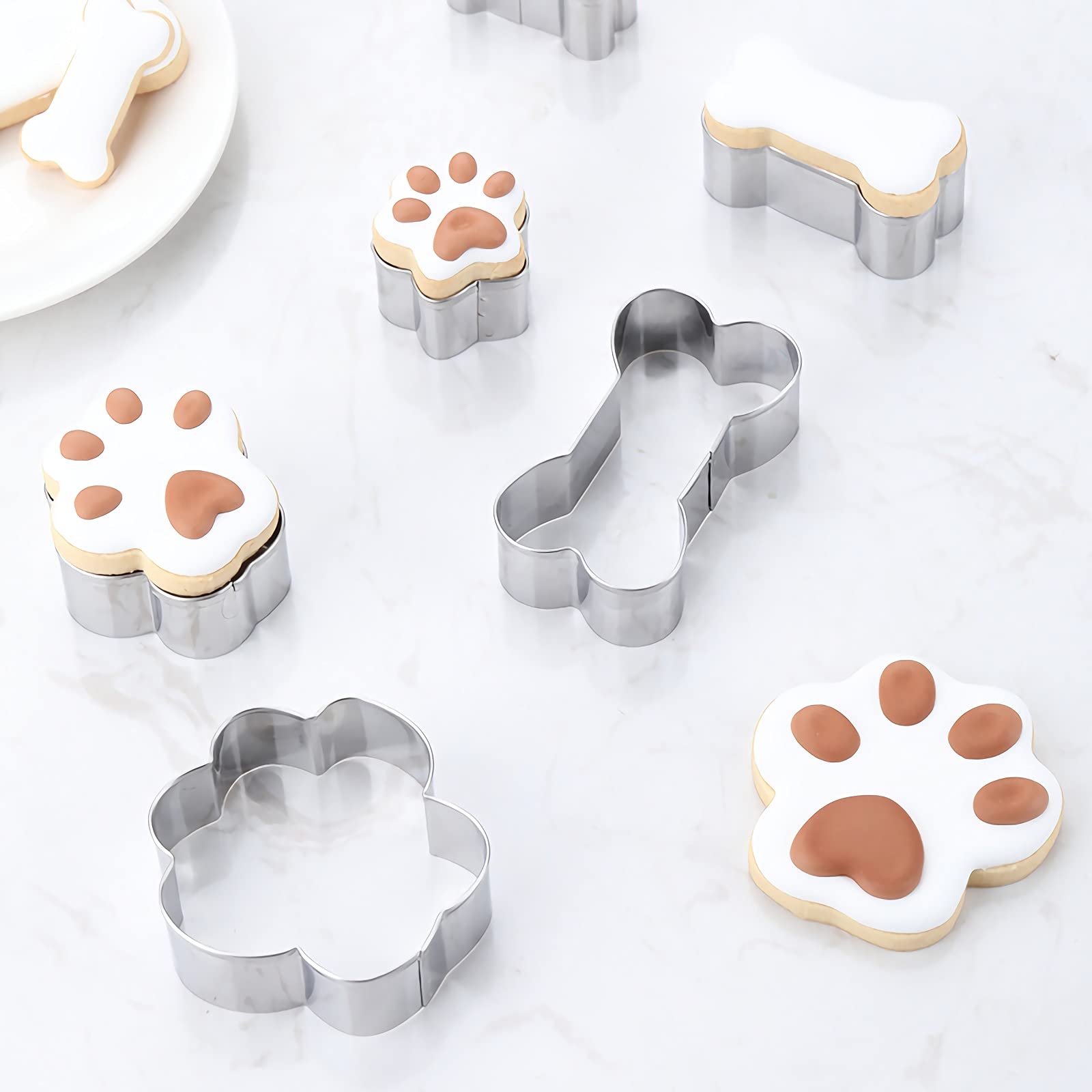 Dog Bone and Dog Paw Print Cookie Cutters Baking Set, Azflyife 8 Pieces Stainless Steel Metal Biscuit Cookie Mold for Homemade Treats