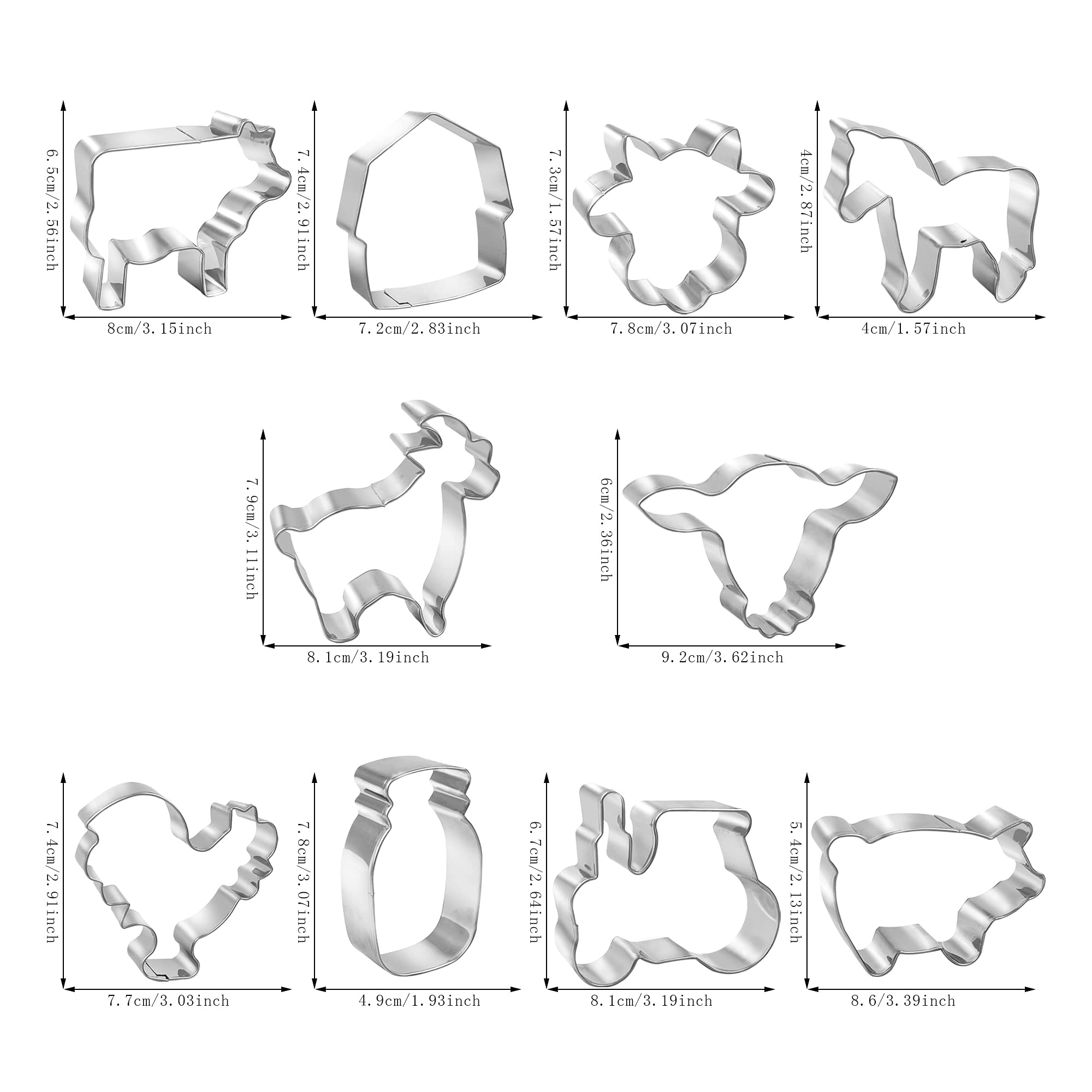 10 PCS Farm Cookie Cutter Set with Recipe Booklet Rooster Cow Pig Lamb Horse Barn and Tractor Cow Face Milk Bottle Bull head