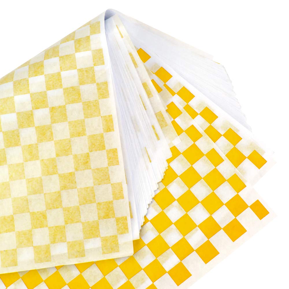 Hslife 100 Sheets Checkered Dry Waxed Deli Paper Sheets, Paper Liners for Plastic Food Basket, Wrapping Bread and Sandwiches (Yellow)