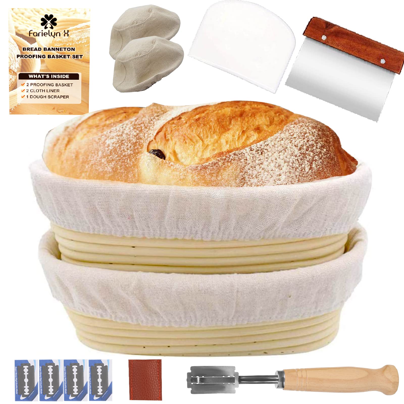 Farielyn-X 2 Packs 10 Inch Oval Shaped Bread Banneton Proofing Basket - Baking Dough Bowl Gifts for Bakers Proving Baskets for Sourdough Lame Bread Slashing Scraper Tool Starter Jar Proofing Box