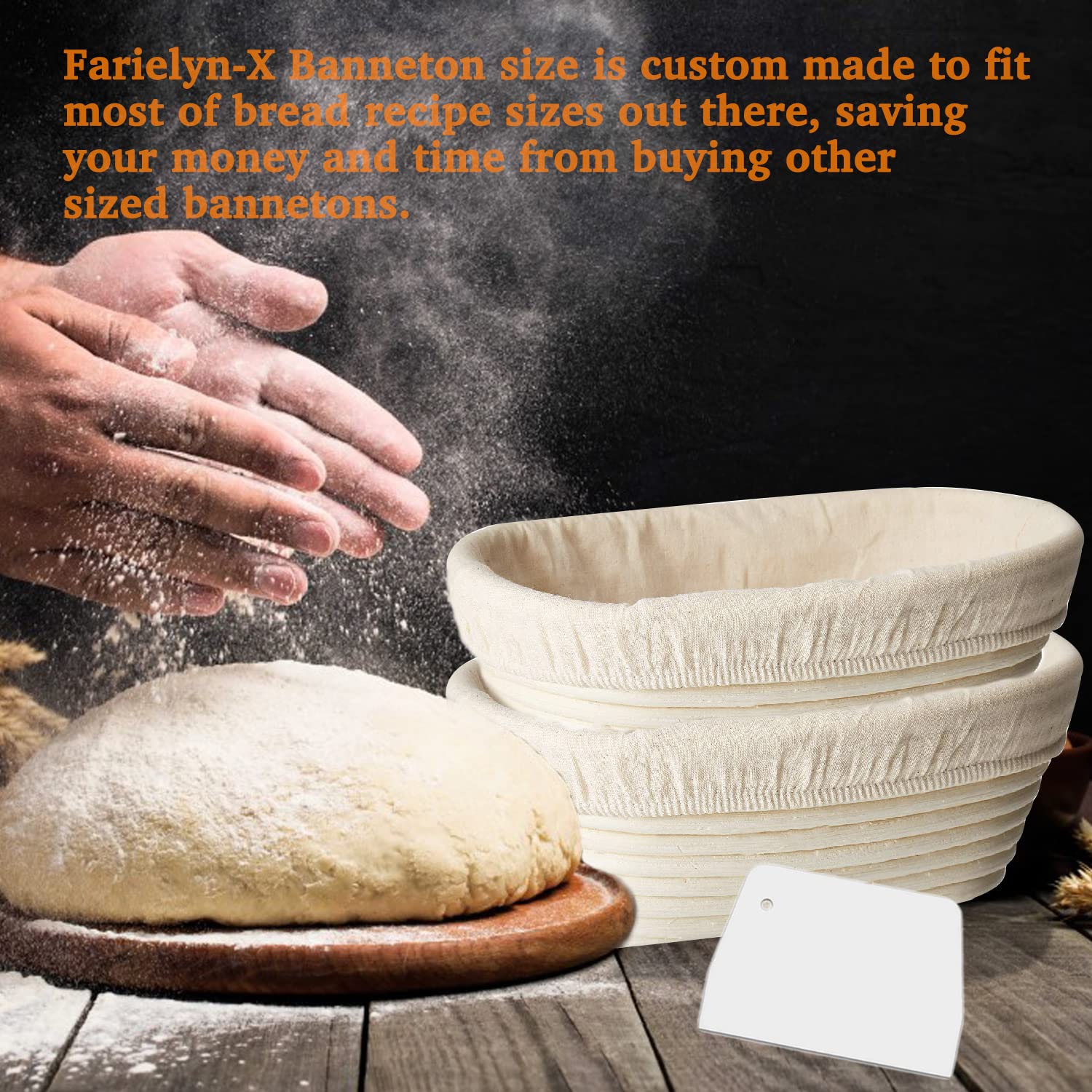 Farielyn-X 2 Packs 10 Inch Oval Shaped Bread Banneton Proofing Basket - Baking Dough Bowl Gifts for Bakers Proving Baskets for Sourdough Lame Bread Slashing Scraper Tool Starter Jar Proofing Box