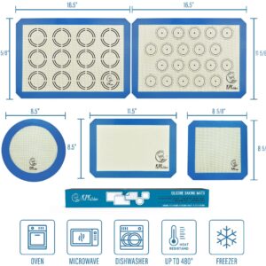 Silicone Baking Mat Set of 5-2 Half Sheets (Macaron & Cookie Circle On Mat) + 1 Quarter + 1 Round & 1 Square Size Silicone Baking Sheet - Nonstick & Easy to Clean - 100% Silicone Mats for Baking