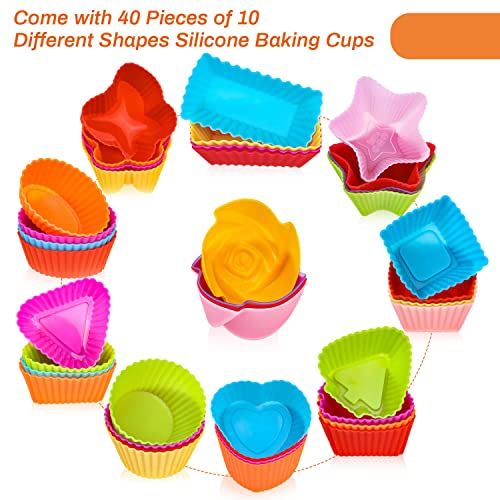 Silicone Cupcake Liners, 40Pcs Silicone Cupcake Baking Cups Reusable Muffin Liners, 10 Shapes