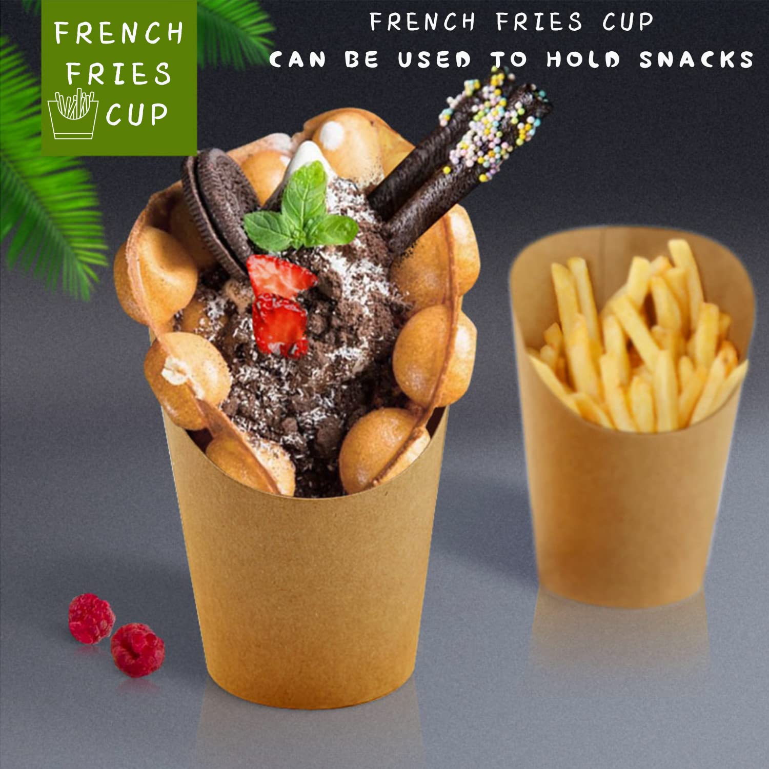 GothaBach 100 Pack 14oz Disposable Brown French Fries Cup Paper French Fries Cup Holder for Frozen Dessert Supplies Baking Cakes Popcorn Ice Cream Snacks Kraft Paper Cups Holder (14 oz)