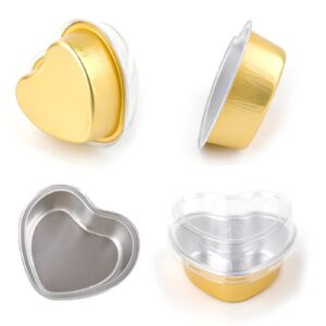 SOUJOY 100 Pieces Heart Shaped Baking Cups, 3.4 oz Aluminum Foil Cake Pan with Lids, Disposable Pudding Muffin Cupcake Ramekin for Valentine Mother's Day Wedding Christmas Birthday