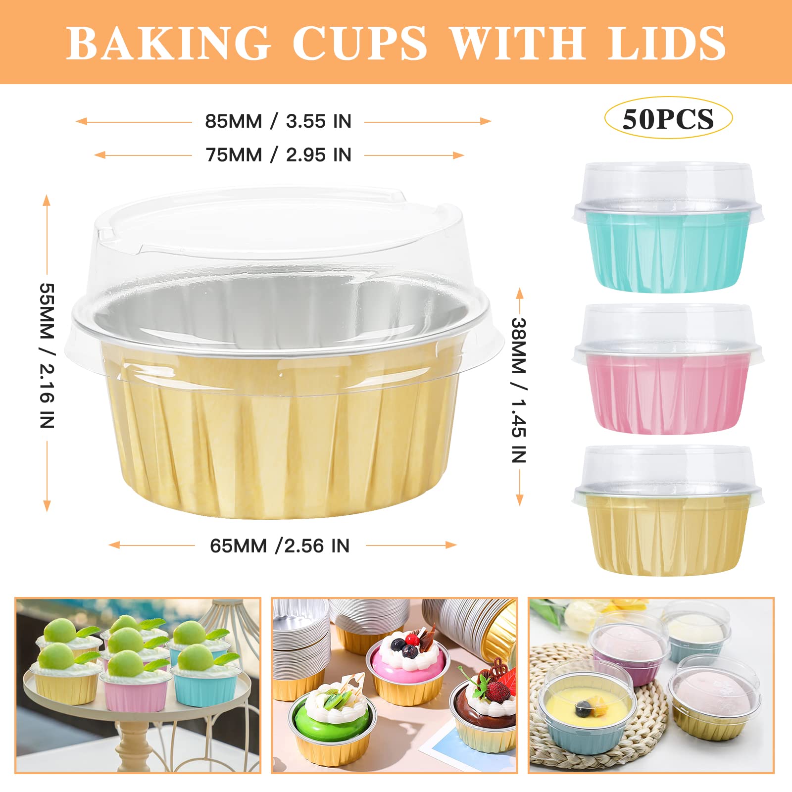 50Pcs Aluminum Foil Baking Cups with Lids, Gold, 5oz 125ml Ramekin Cupcake Liners Muffin Liners Mini Pie Pans Foil Cupcake Containers for Christmas Wedding Birthday Party Picnic Camping