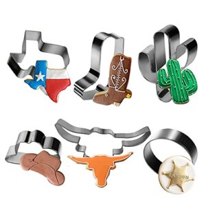 aoerfes western cookie cutters 6 piece texas cutter set, cowboy hat,longhorn, cowboy boot,cactus, round shaped stainless steel molds for party making muffins, cake fondant biscuits,sandwiches