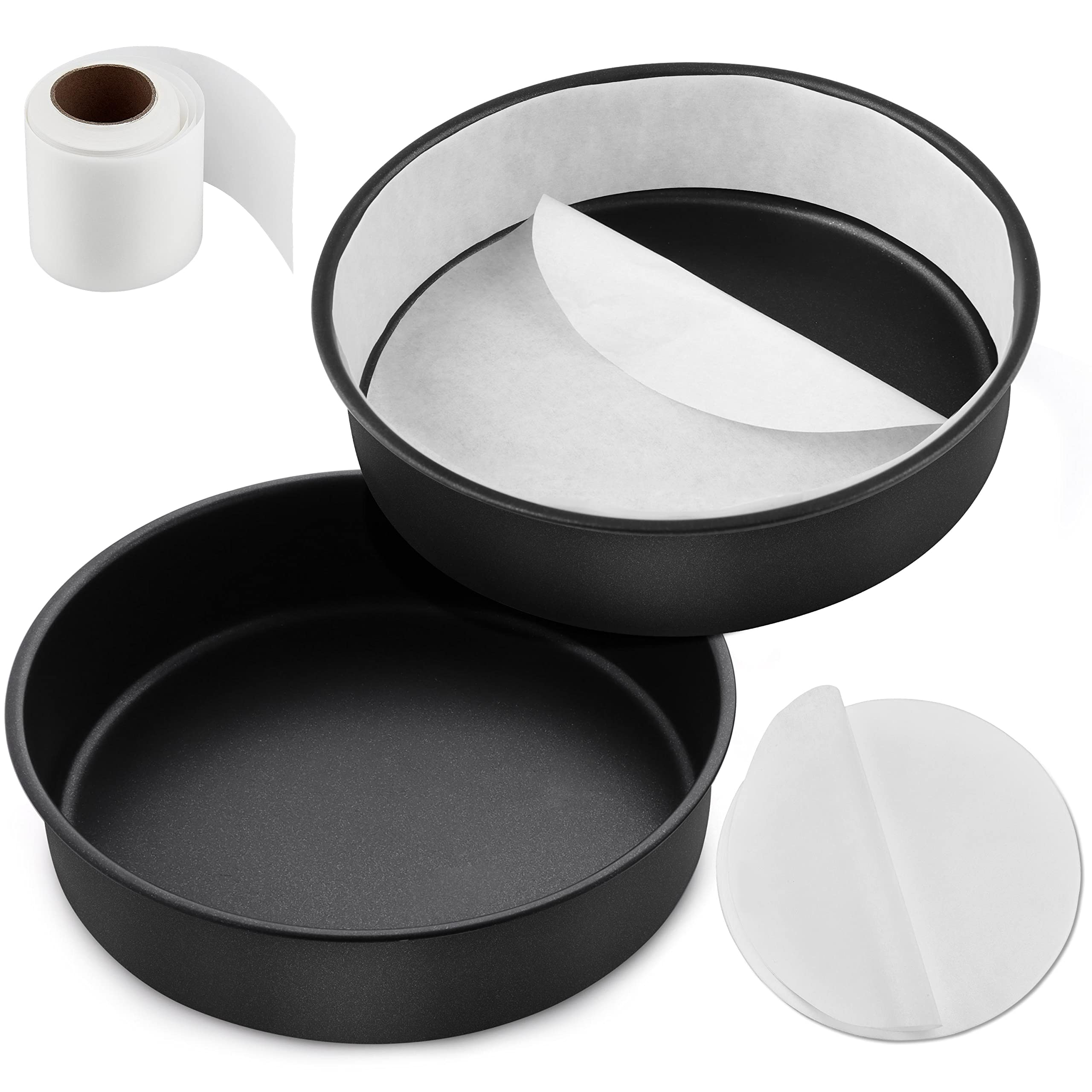 E-far 8 Inch Cake Pans Set of 2, Nonstick Stainless Steel Small Round Baking Pans with Parchment Paper & Side Liner Roll, Stainless Steel Core & Non-toxic Coating, Straight Side & 2 Inch Deep