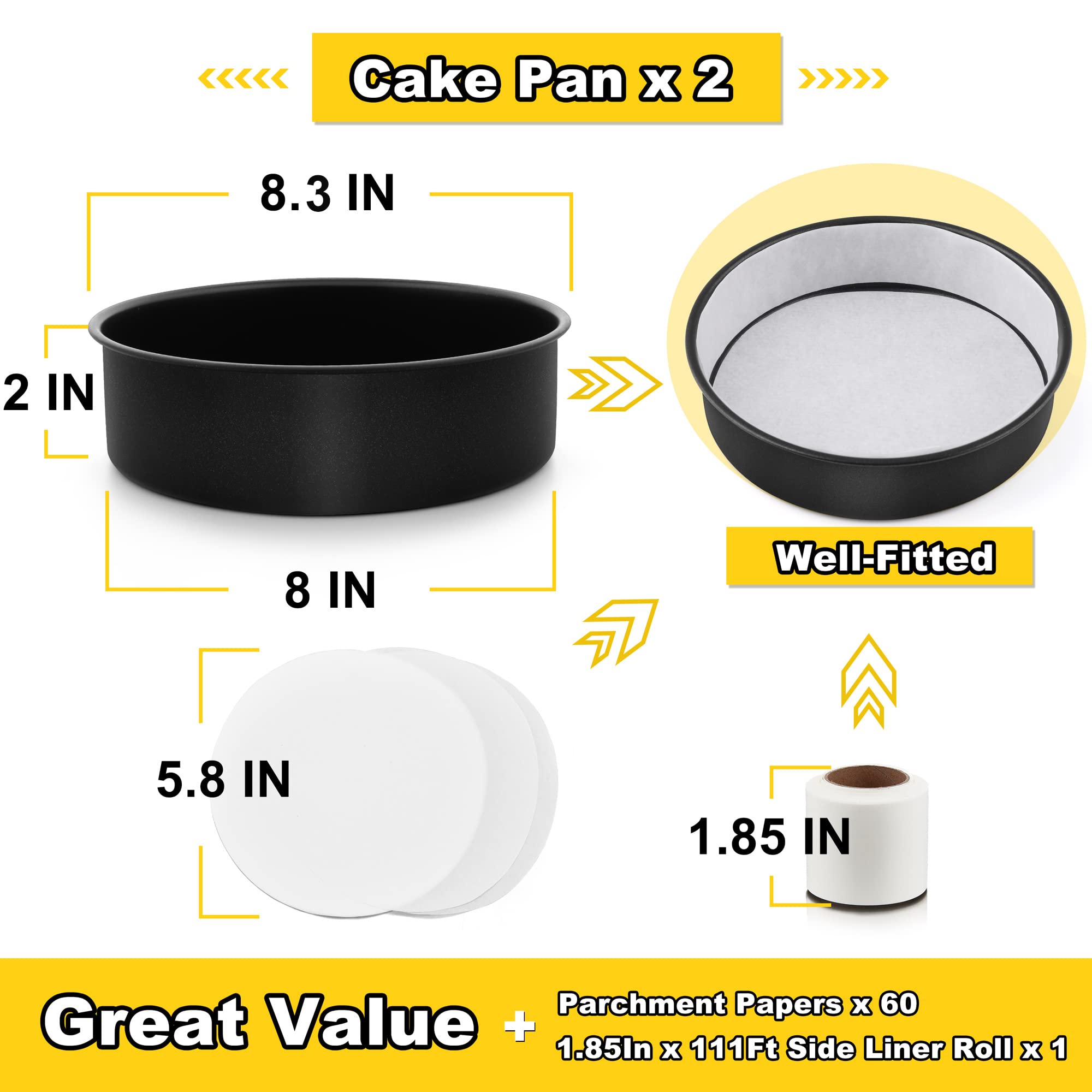 E-far 8 Inch Cake Pans Set of 2, Nonstick Stainless Steel Small Round Baking Pans with Parchment Paper & Side Liner Roll, Stainless Steel Core & Non-toxic Coating, Straight Side & 2 Inch Deep