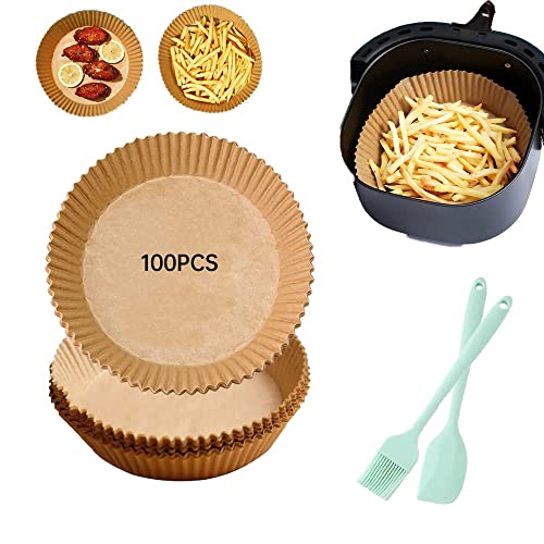 100 Pcs Air Fryer Disposable Paper Liner, Basting Brush and Silicone Spatula, Instant Pot Oven Insert Parchment Sheets, Non-stick Parchment Paper for Baking Cooking,6.3inch