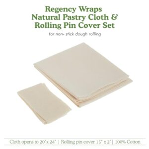 Regency Wraps Natural Pastry Cloth & Rolling Pin Cover Set, 100% Cotton Cloth & Pin Cover for Non-Stick Dough Rolling, 20x24" cloth with Sewn Edges,15" Rolling Pin Cover