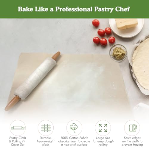 Regency Wraps Natural Pastry Cloth & Rolling Pin Cover Set, 100% Cotton Cloth & Pin Cover for Non-Stick Dough Rolling, 20x24" cloth with Sewn Edges,15" Rolling Pin Cover