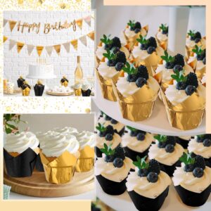 Queekay Tulip Cupcake Liners for Baking Muffin Aluminum Foil Paper Baking Cups Disposable Cupcake Wrappers Greaseproof Muffin Liners for New Year Wedding Baby Shower Xmas(Gold, Black, 160 Pcs)