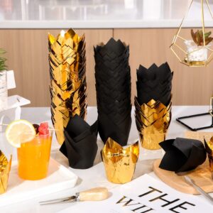 Queekay Tulip Cupcake Liners for Baking Muffin Aluminum Foil Paper Baking Cups Disposable Cupcake Wrappers Greaseproof Muffin Liners for New Year Wedding Baby Shower Xmas(Gold, Black, 160 Pcs)