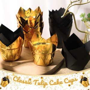 Queekay Tulip Cupcake Liners for Baking Muffin Aluminum Foil Paper Baking Cups Disposable Cupcake Wrappers Greaseproof Muffin Liners for New Year Wedding Baby Shower Xmas(Gold, Black, 160 Pcs)