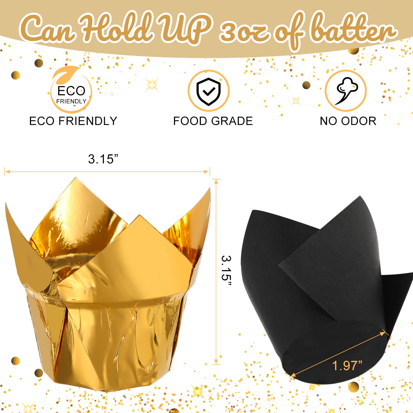 Queekay Tulip Cupcake Liners for Baking Muffin Aluminum Foil Paper Baking Cups Disposable Cupcake Wrappers Greaseproof Muffin Liners for New Year Wedding Baby Shower Xmas(Gold, Black, 160 Pcs)