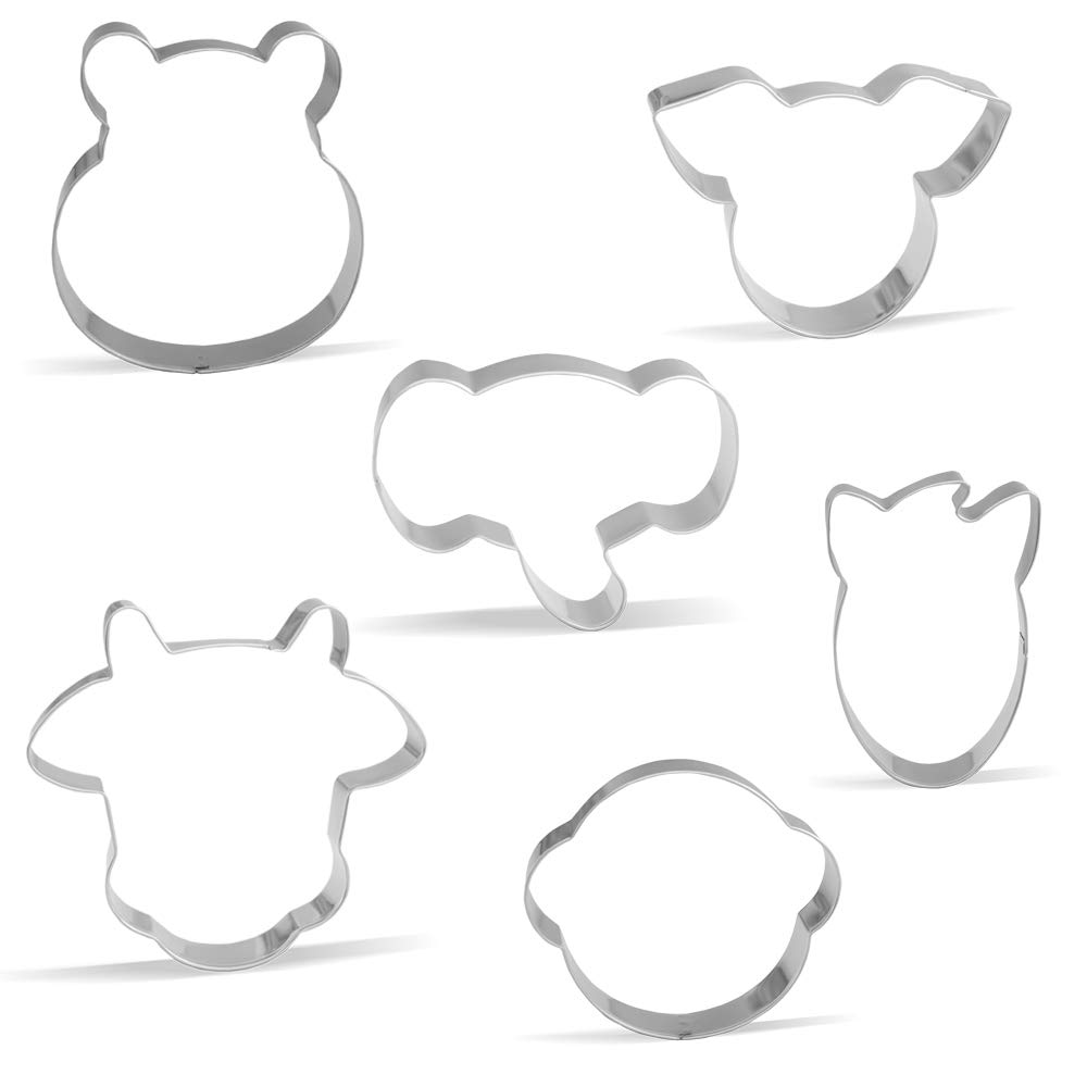 Jungle Animal Face Cookie Cutter Set - 6 Piece - Cow, Horse, Pig, Elephant, Monkey, Hippo - Stainless Steel