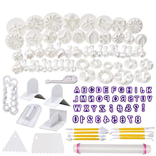 Soleebee 114 Pcs Cake Decorating Tools Fondant Cake Baking Decorating Sugar Craft Icing Tools Plunger Cutters Snowflake Rose Flower Moulds Set Letter Cookie Cutters Rolling Pin Equipment Accessories