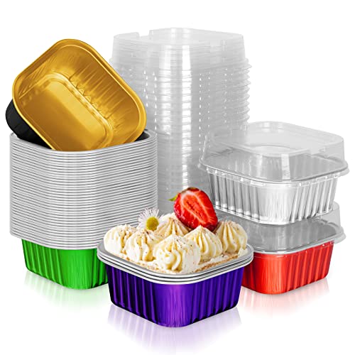 Mini Square Baking Cups,HEYYUMI 50pcs 5oz Aluminum Foil Mini Cake Pans with Lids,Disposable Ramekins Muffin Tins Cupcake Liners,Individual Dessert Containers Flans for Party Bakery(5 Colors E)