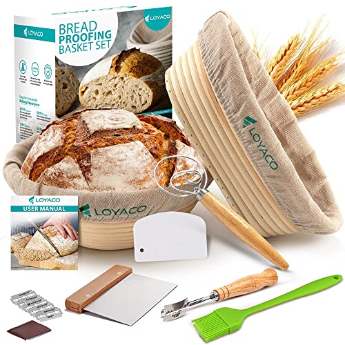 LOYACO 10pcs Banneton Bread Proofing Baskets 10" Round + 9" Oval Sourdough Proofing Basket Set with Dough Bowls, Bread Lame, Whisk, Dough Scrapers & Oil Brush - Bread Making Tools and Supplies Gift