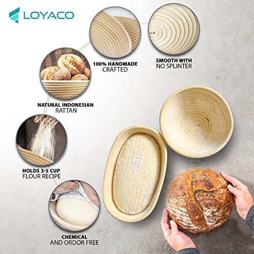 LOYACO 10pcs Banneton Bread Proofing Baskets 10" Round + 9" Oval Sourdough Proofing Basket Set with Dough Bowls, Bread Lame, Whisk, Dough Scrapers & Oil Brush - Bread Making Tools and Supplies Gift