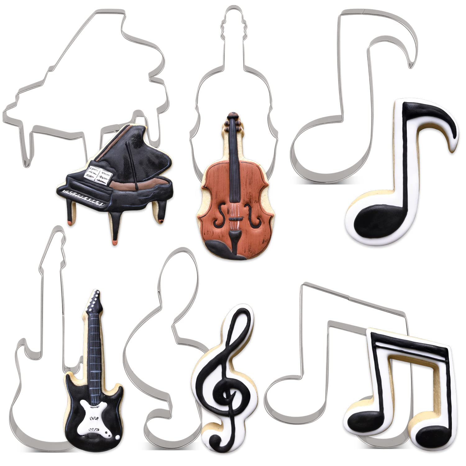 LILIAO Music Cookie Cutter Set - 6 Piece - Violin, Piano, Electric Guitar, Music Note, G Clef and Eighth Note Biscuit Fondant Cutters - Stainless Steel