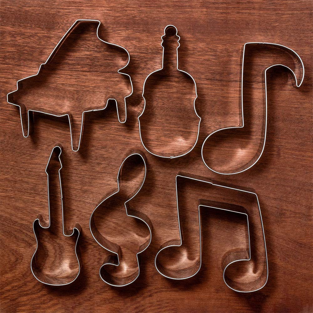 LILIAO Music Cookie Cutter Set - 6 Piece - Violin, Piano, Electric Guitar, Music Note, G Clef and Eighth Note Biscuit Fondant Cutters - Stainless Steel