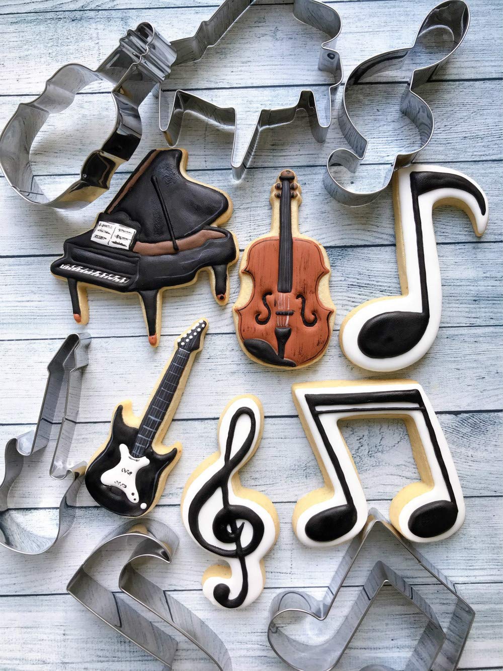 LILIAO Music Cookie Cutter Set - 6 Piece - Violin, Piano, Electric Guitar, Music Note, G Clef and Eighth Note Biscuit Fondant Cutters - Stainless Steel