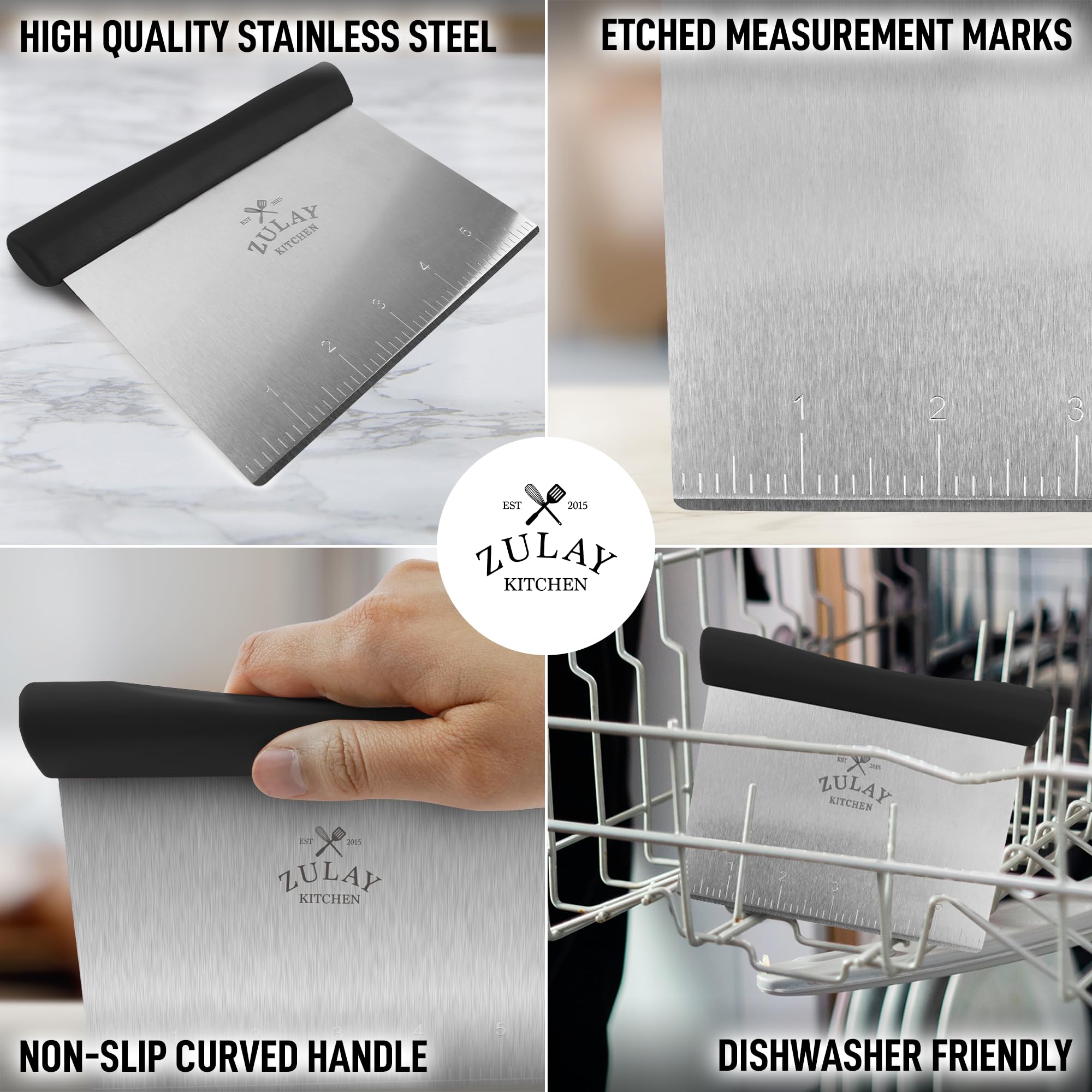 Premium Multi-purpose Stainless Steel Bench Scraper & Chopper, Easy to Read Etched Markings for Perfect Cuts, Quick & Easy Multi-use Dough Scraper, Dough Cutter & Pastry Scraper - by Zulay Kitchen