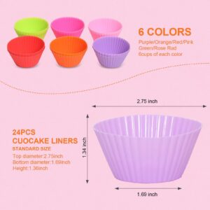 Reusable Silicone Cupcake Baking Cups 24 Pack, Non-stick Muffin Cupcake Liners 2.75 inch Silicone Muffin Cups for Party Halloween Christmas Bakery Molds Supplies (6 Rainbow Colors)