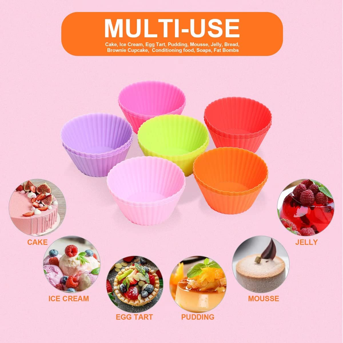 Reusable Silicone Cupcake Baking Cups 24 Pack, Non-stick Muffin Cupcake Liners 2.75 inch Silicone Muffin Cups for Party Halloween Christmas Bakery Molds Supplies (6 Rainbow Colors)