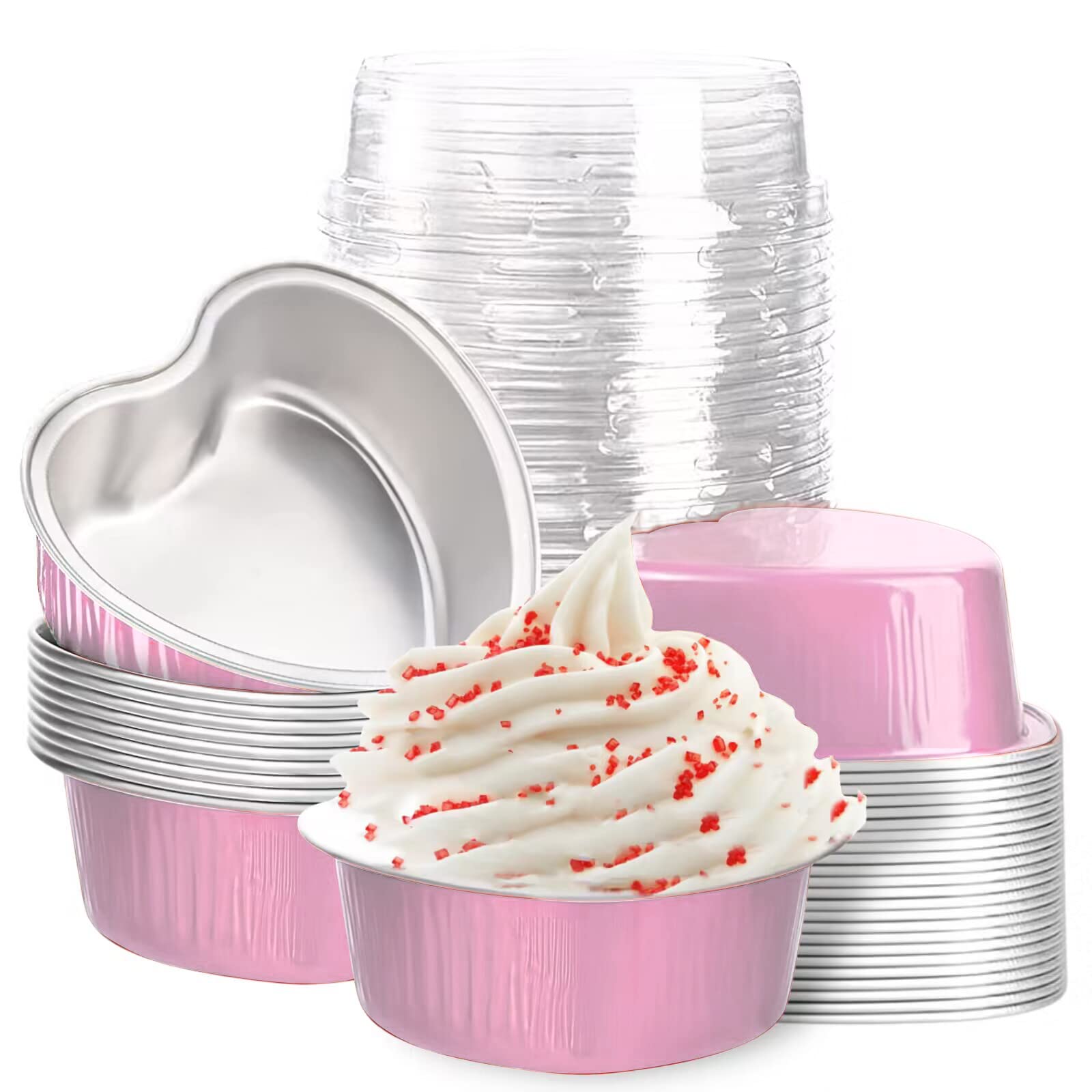 Aluminum Foil Cupcake Cup with Lids (40 Packs,3.4oz) Heart Shaped Cake Pans - Disposable Mini Cupcake Cup Flan Baking Cups for Valentine Mother's Day Wedding Xmas Birthday