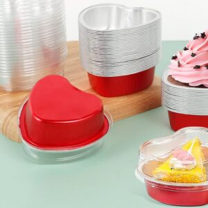 Aluminum Foil Cupcake Cup with Lids (40 Packs,3.4oz) Heart Shaped Cake Pans - Disposable Mini Cupcake Cup Flan Baking Cups for Valentine Mother's Day Wedding Xmas Birthday