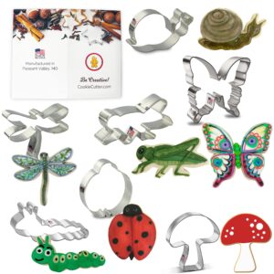 foose cookie cutter 7 piece insect 3.5 in dragonfly, 4.25 in caterpillar, 3 in ladybug, 4.5 in butterfly, 3.5 in grasshopper, 4.25 in snail, 3.25 in mushroom - usa made