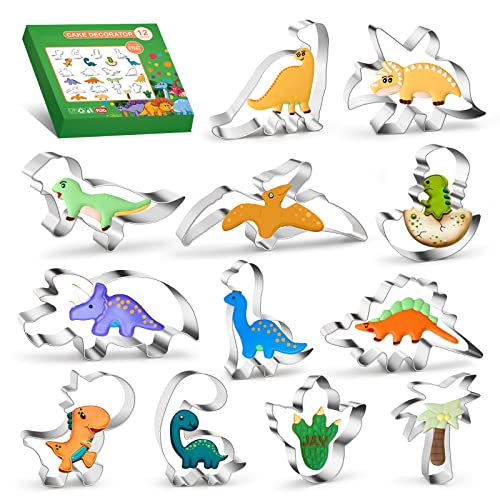 12PCS Dinosaur Cookie Cutters Set - ISZW Stainless Steel Metal Dinosaur Theme Shapes Baking Mold for Kids Baking, Metal Cookie Cutter Molds for Kids Birthday Party DIY Cake Decoration