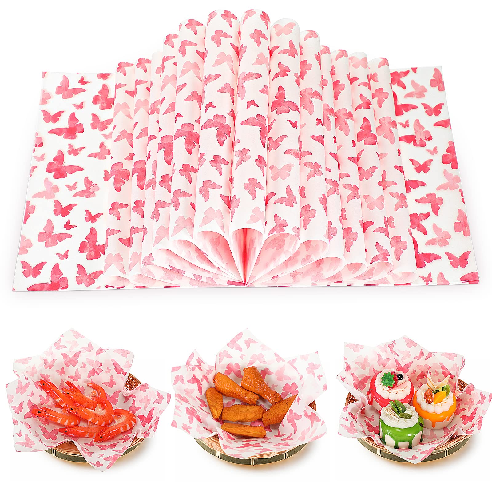 150 Pcs Wax Paper Sheets for Food Baking Wrapping Wax Paper Butterfly Deli Paper Sheets Greaseproof Printed Picnic Wrap Tissue for Hamburger Basket Sandwich Holiday Birthday Party Dessert(Pink)