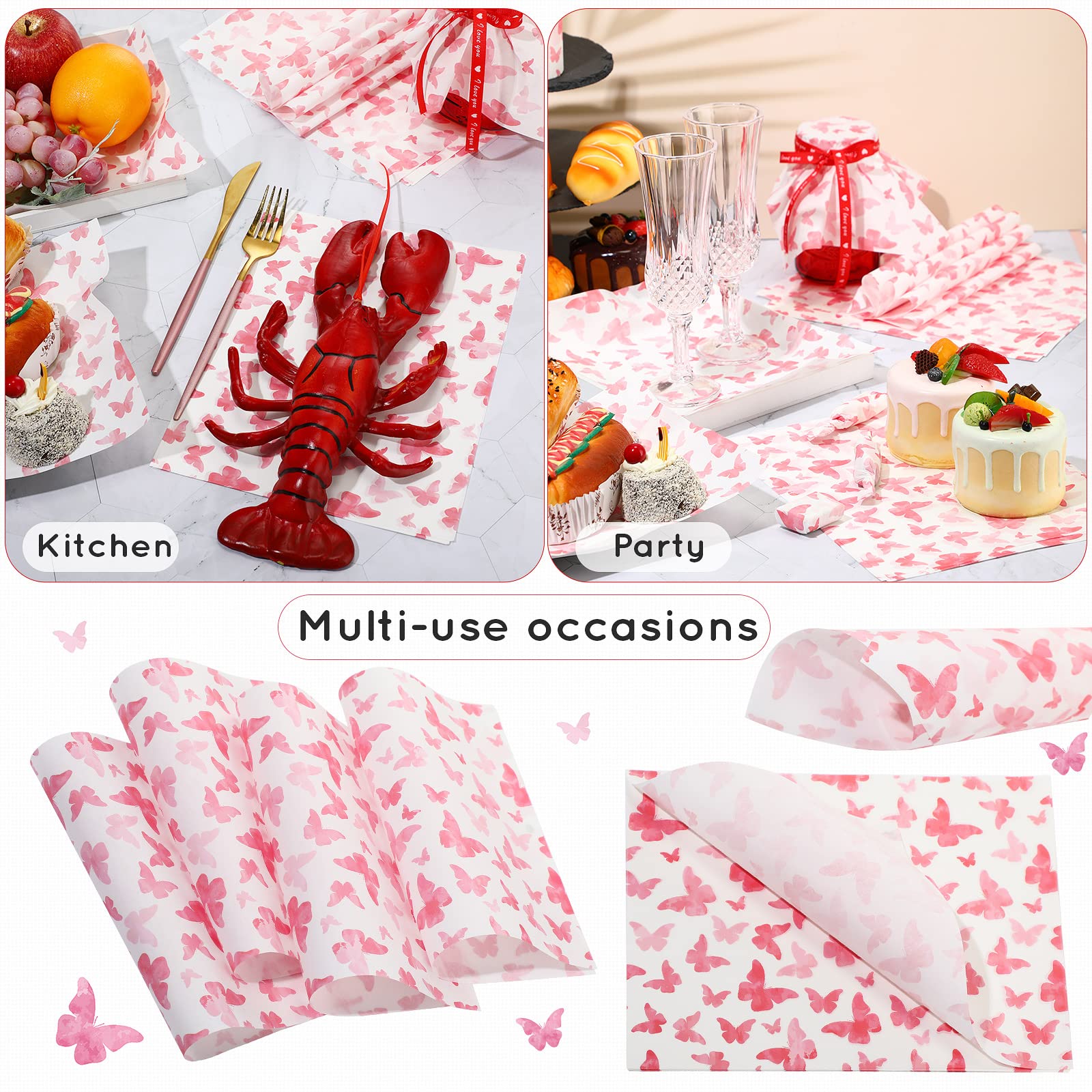 150 Pcs Wax Paper Sheets for Food Baking Wrapping Wax Paper Butterfly Deli Paper Sheets Greaseproof Printed Picnic Wrap Tissue for Hamburger Basket Sandwich Holiday Birthday Party Dessert(Pink)