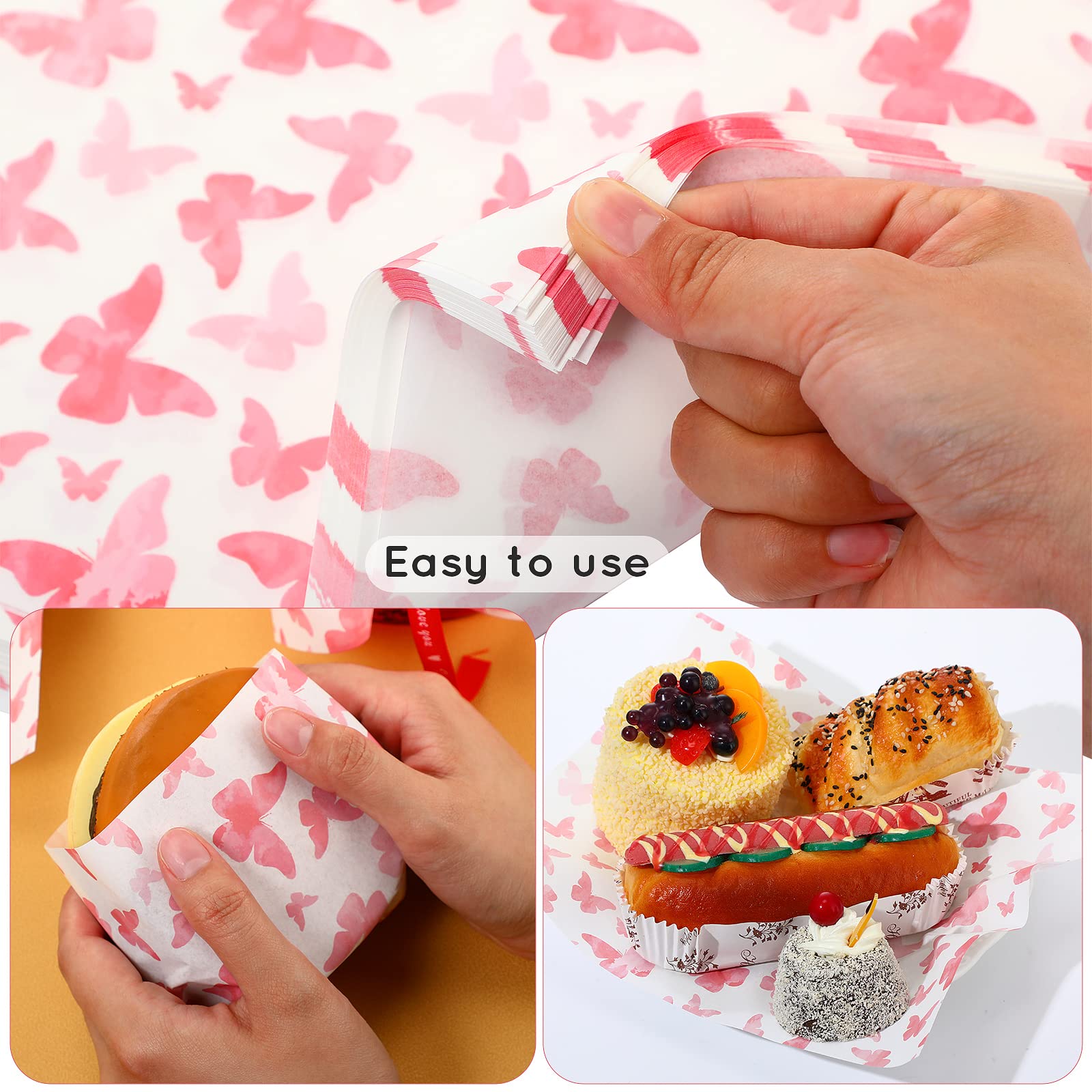 150 Pcs Wax Paper Sheets for Food Baking Wrapping Wax Paper Butterfly Deli Paper Sheets Greaseproof Printed Picnic Wrap Tissue for Hamburger Basket Sandwich Holiday Birthday Party Dessert(Pink)