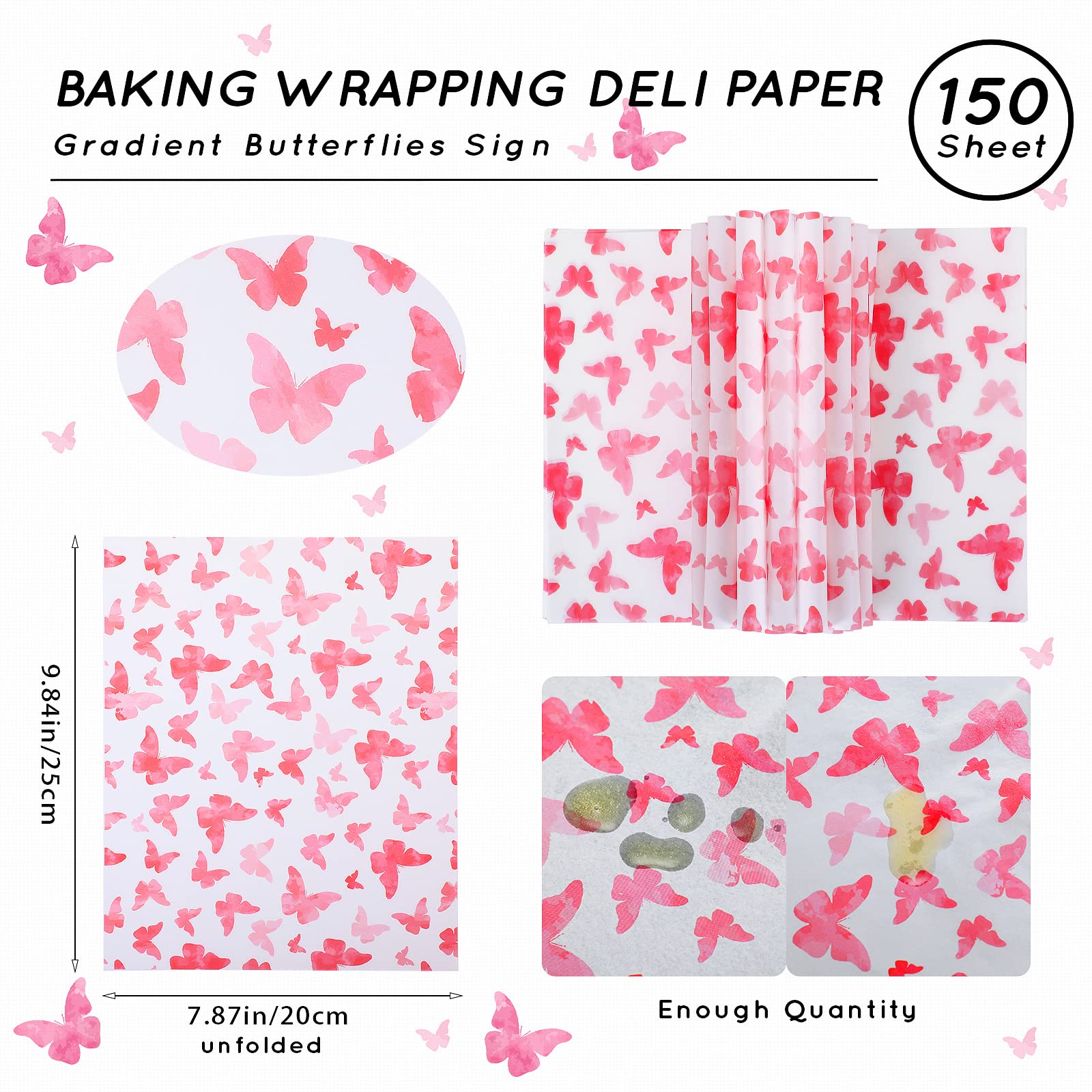 150 Pcs Wax Paper Sheets for Food Baking Wrapping Wax Paper Butterfly Deli Paper Sheets Greaseproof Printed Picnic Wrap Tissue for Hamburger Basket Sandwich Holiday Birthday Party Dessert(Pink)