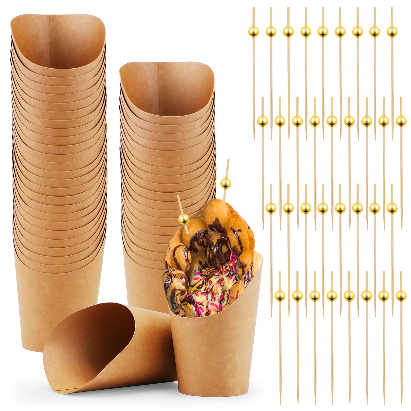 MOJIEZUO 100 PCS Individual Charcuterie Cups with 100 Wooden Toothpicks 14oz Cone Popcorn Container Disposable French Fry Holder Take Out Baking Cup