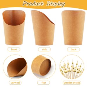 MOJIEZUO 100 PCS Individual Charcuterie Cups with 100 Wooden Toothpicks 14oz Cone Popcorn Container Disposable French Fry Holder Take Out Baking Cup