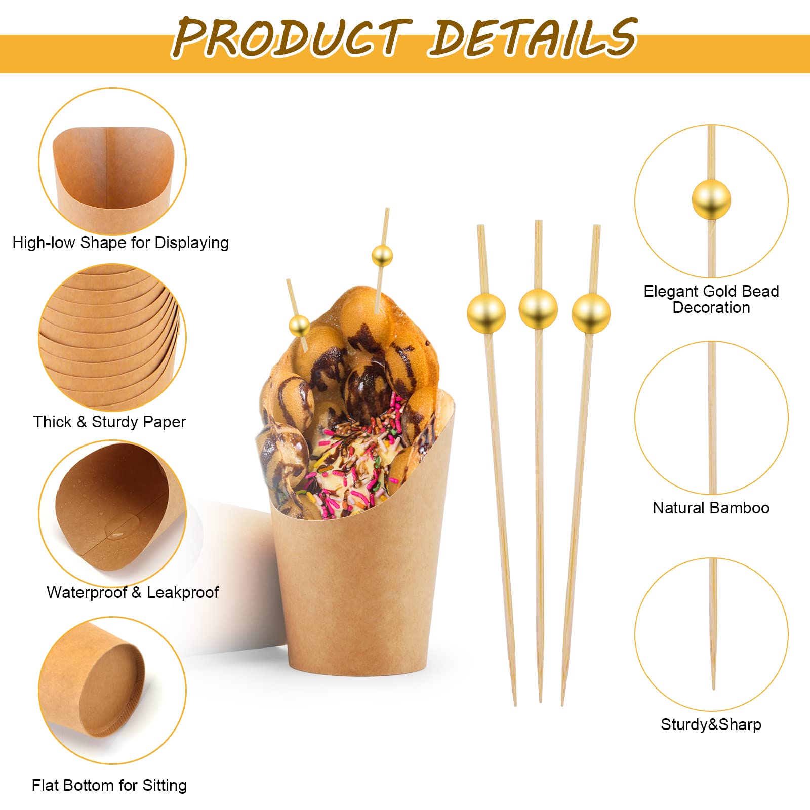 MOJIEZUO 100 PCS Individual Charcuterie Cups with 100 Wooden Toothpicks 14oz Cone Popcorn Container Disposable French Fry Holder Take Out Baking Cup