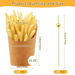 MOJIEZUO 100 PCS Individual Charcuterie Cups with 100 Wooden Toothpicks 14oz Cone Popcorn Container Disposable French Fry Holder Take Out Baking Cup