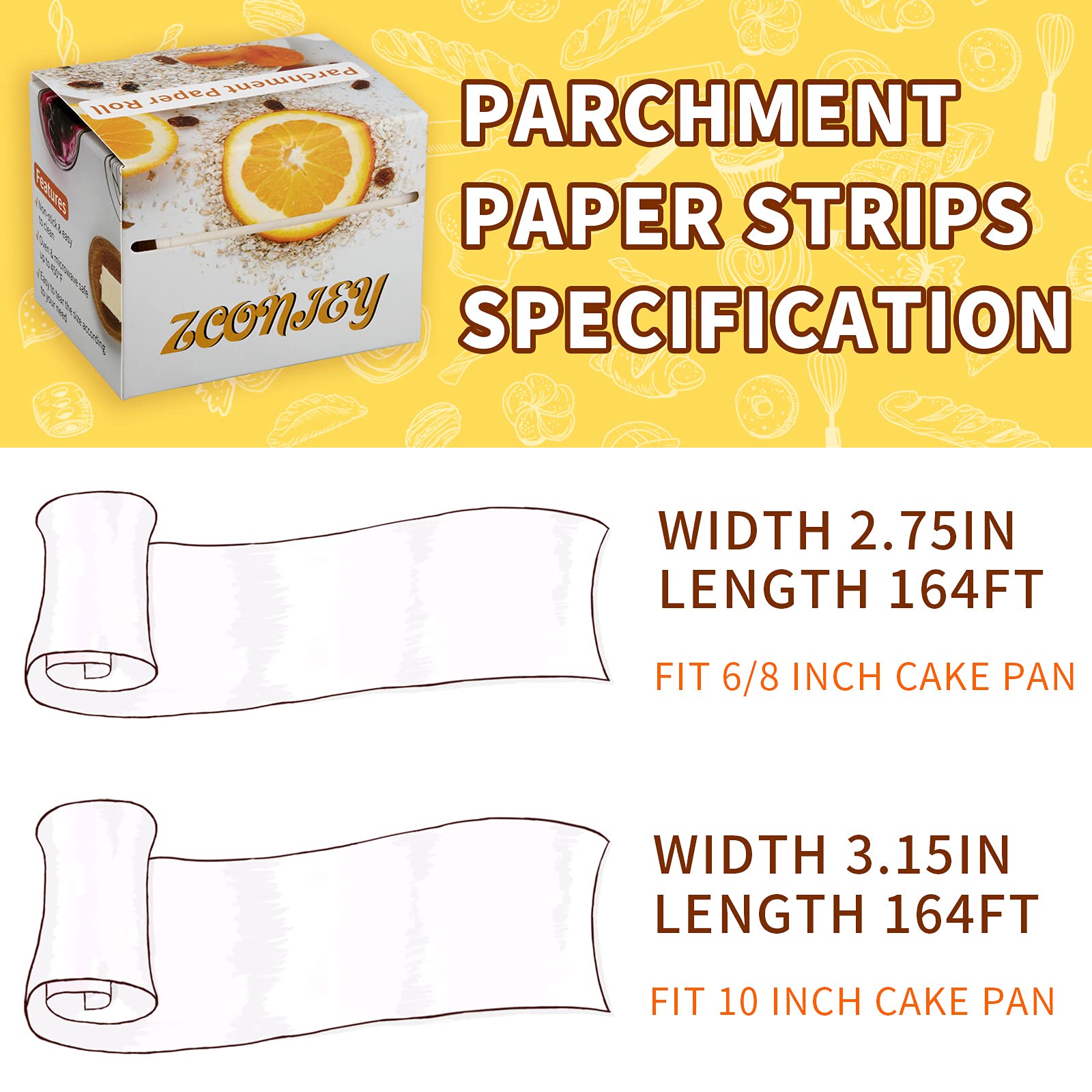 Baking Parchment Paper Side Liners - Baking Strips Roll for Round Cake Pans, Cheesecake Springform Pan, Non Stick Pan Lining Paper 3.15in x 164ft, Pre-cut Heat Resistant Kitchen Paper