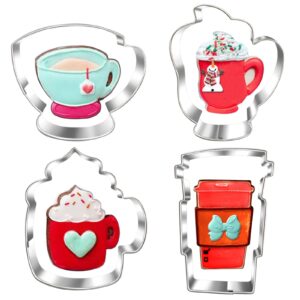 lubtosmn large coffee cup cookie cutter set-4 piece-coffee mug, hot cocoa mug, lette, teacup cookie fondant biscui cutters