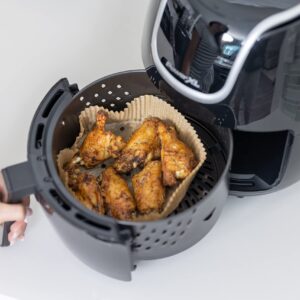 Rainy Day Essentials - Air Fryer Liners, Perforated with Holes, 100 Pieces, 6.3 Inches, Round, Fits 2-6QTS, Disposable Air Fryer Liner, Baking Paper, Oil Proof, Parchment Paper for Roasting