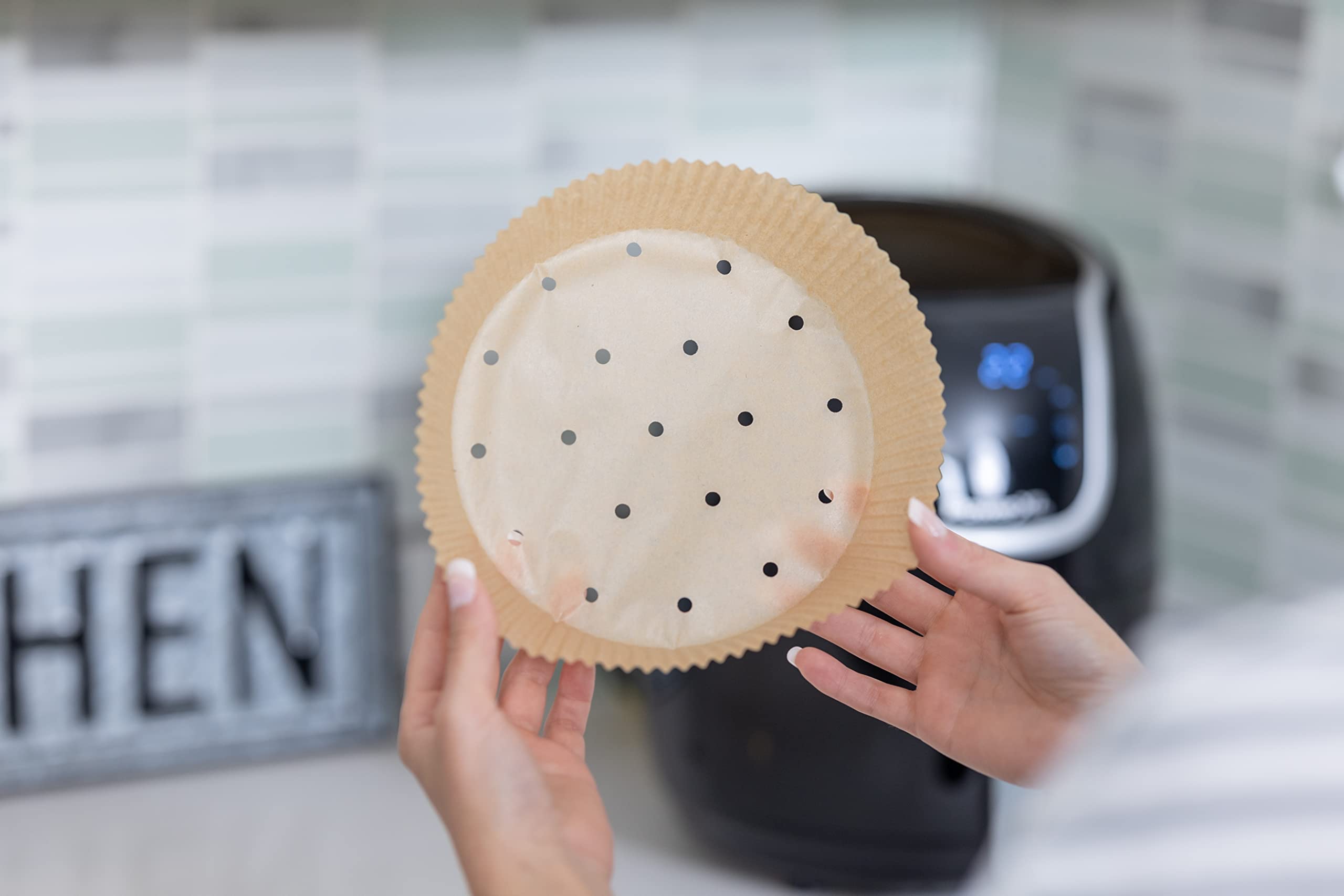 Rainy Day Essentials - Air Fryer Liners, Perforated with Holes, 100 Pieces, 6.3 Inches, Round, Fits 2-6QTS, Disposable Air Fryer Liner, Baking Paper, Oil Proof, Parchment Paper for Roasting