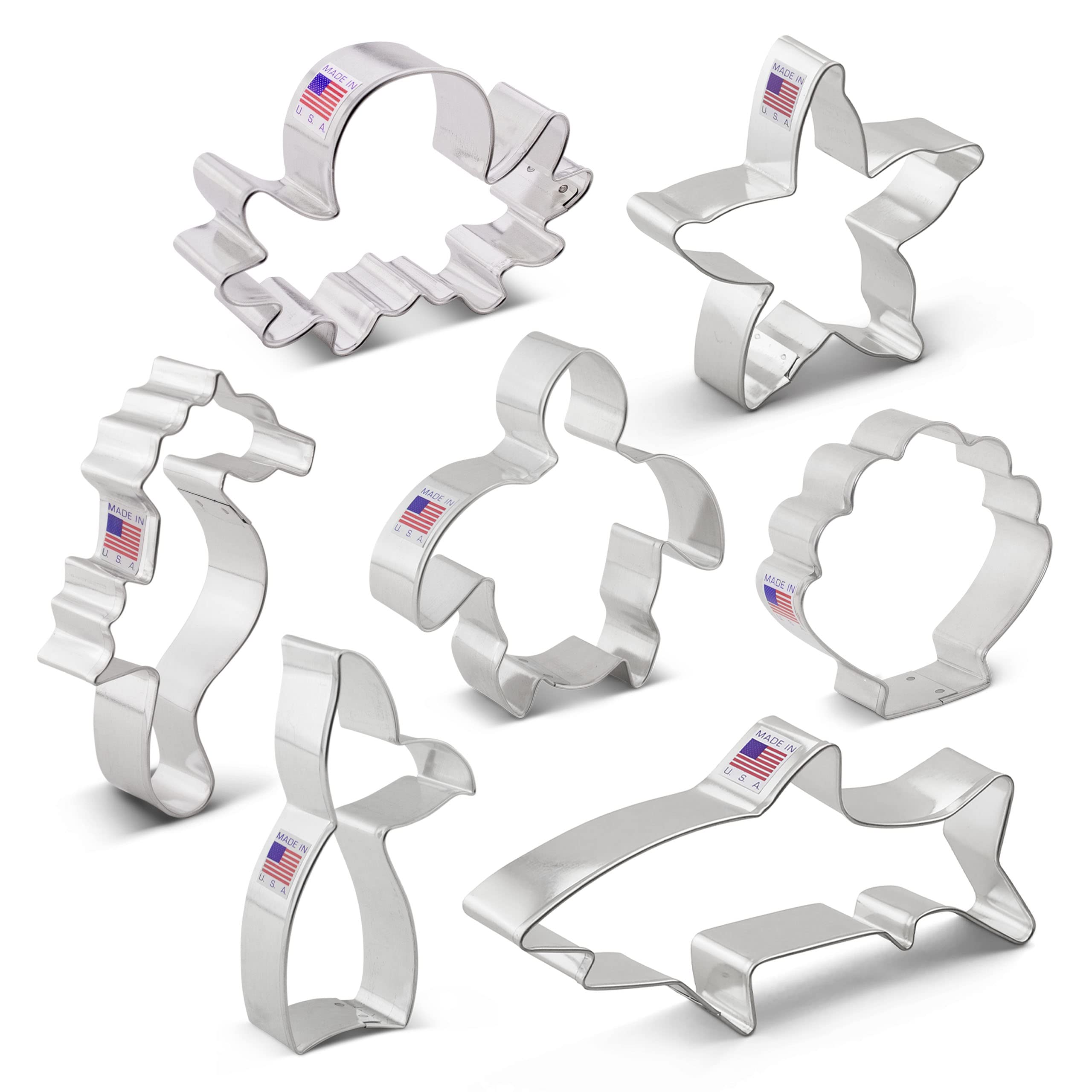 Under the Sea Cookie Cutters 7-Pc. Set Made in the USA by Ann Clark, Seashell, Starfish, Shark, Turtle, Mermaid Tail, and more